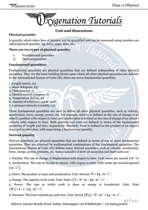 oxygenation tutorials unit and dimension class 11