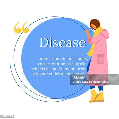 질병 플랫 컬러 벡터 문자 따옴표 독감 바이러스 증상 인플루엔자 감염 여자 기침 의료 인용 빈 프레임 템플릿 음성 거품 견적 빈 텍스트 상자 디자인 가공의 인물에 대한 스톡