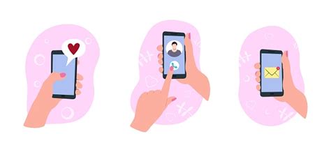 화면에 응용 프로그램과 휴대 전화를 들고 손 인터넷에서 커플을 검색합니다 가상 관계 통신 온라인 데이트 서비스 응용 프로그램