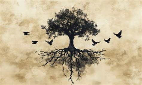 Tree With Roots And Flying Birds Silhouette Art Nature Theme Black