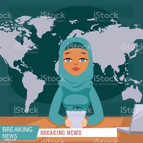 Tv 속보 배경 평면 벡터 일러스트에 아랍어 여성 뉴스 앵커 종이와 노트북에 대한 정보와 전통 옷을 입은 여성 텔레비전 아라비아 기자 기자실에 대한 스톡 벡터 아트 및 기타