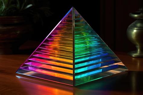 Premium Ai Image Triangular Glass Prism Reflecting Vibrant Colors On Dark Table