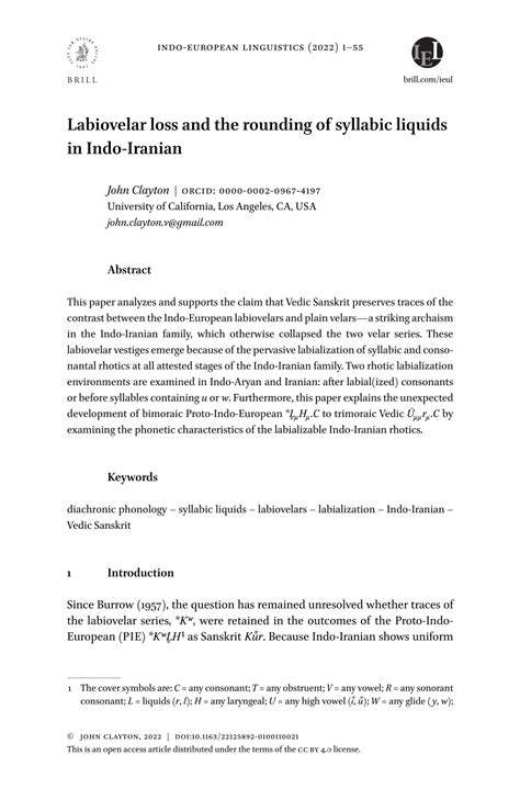 Pdf Labiovelar Loss And The Rounding Of Syllabic Liquids In Indo Iranian