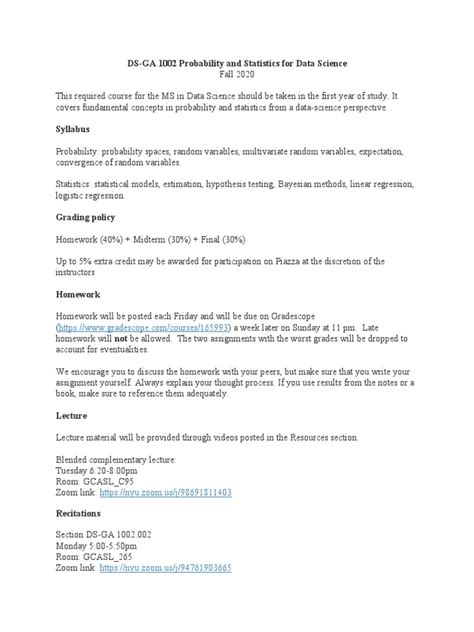 Fall 2020 Ds Ga 1002 Syllabus Download Free Pdf Statistics