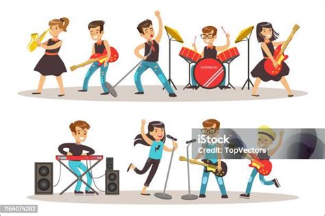 재능있는 학생 콘서트와 함께 다채로운 벡터 일러스트레이션을 선보이며 무대에서 공연하는 어린이 뮤지션 기술에 대한 스톡 벡터 아트 및 기타 이미지 Istock