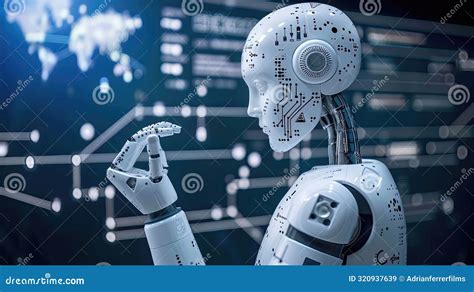 A Robot Is Standing In Front Of A Computer Monitor With A Map Of The World On Th Stock Image