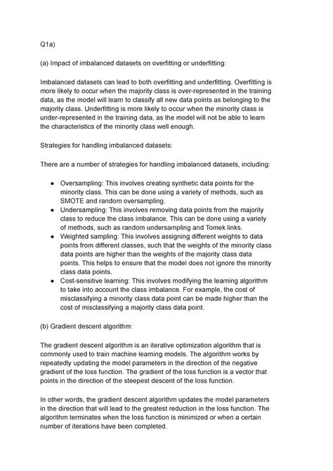 Ml 2 Machine Learning Q1a A Impact Of Imbalanced Datasets On Overfitting Or Underfitting