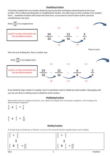 Gcse Fractions Simplifying Adding Subtracting Dividing And