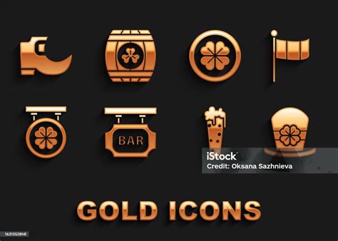 비문 바 아일랜드 국기 레프리콘 모자 네잎 클로버 맥주 한 잔 금화 전통 레프러콘 부츠 및 나무 통 아이콘이 있는 거리 간판을 설정하십시오 벡터 0명에 대한 스톡 벡터 아트