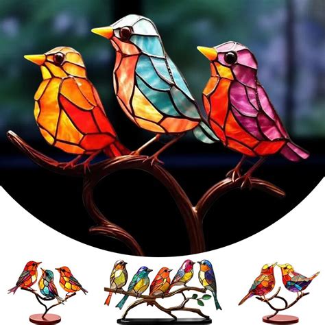 스테인드 글라스 새 가지 다리미 양면 컬러 새 데스크탑 장식품 아크릴 벌새 공예품 홈 데코 Aliexpress