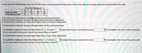 solved use ihe data in the following table which ests drive thru order