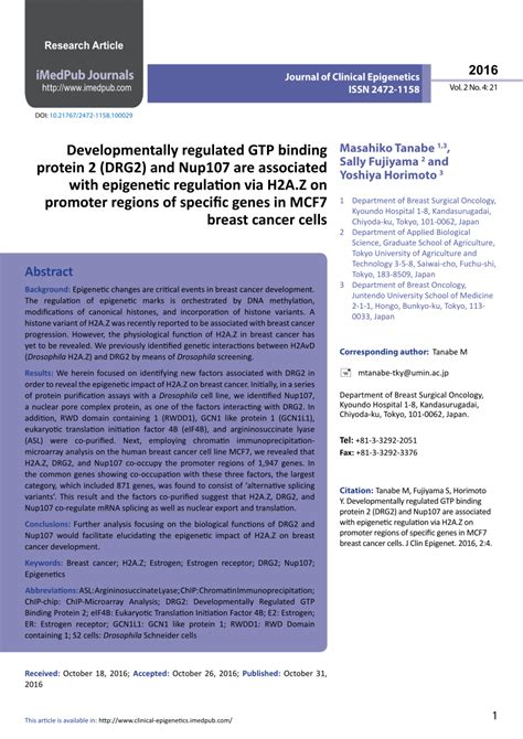 Pdf Developmentally Regulated Gtp Binding Protein 2 Drg2 And Nup107 Are Associated With