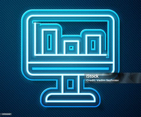 파란색 배경에 격리 된 그래프 차트 아이콘이있는 빛나는 네온 라인 컴퓨터 모니터 텍스트 파일을 보고합니다 회계 기호 감사 분석