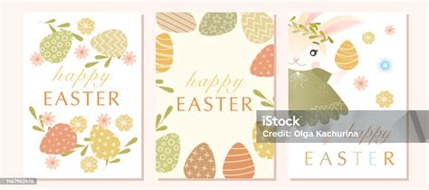 부활절 인사말 카드 세트는 귀여운 토끼 캐릭터 색깔의 달걀 봄 꽃 녹색 잎으로 설정됩니다 소셜 미디어 게시물 전단지 초대장 포스터 엽서 어린이를위한 디자인을위한 다채로운