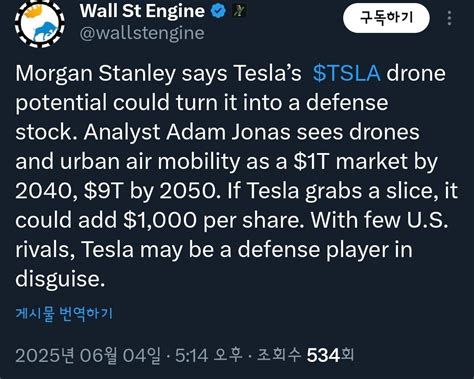 모건스탠리 테슬라 드론 잠재력으로 국방주 부상 가능 주당 1000달러로 상승 여력 주식 에펨코리아