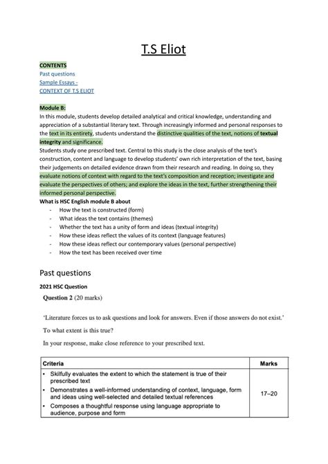 module b t s eliot notes english advanced year 12 hsc thinkswap