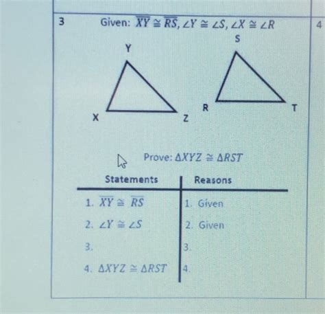 solved 3 given overline xy≌ overline rs ∠ y≌ ∠ s ∠ x ≌ ∠ r 4 prove