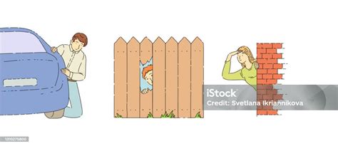 남자 여자 아이들은 벽 뒤에서 엿보는 자동차 울타리 위에 언덕 놀란 미소 짓는 캐릭터 숨기기 놀이 누군가의 평평한 줄을 감시하는 스파이 엿봄에 대한 스톡 벡터 아트 및 기타