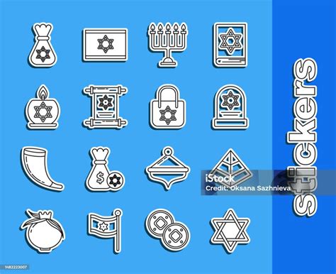 다윗의 별 이집트 피라미드 별 다윗이 있는 묘비 하누카 메노라 토라 두루마리 촛대에 불타는 촛불 유대인 돈 가방 및 쇼핑