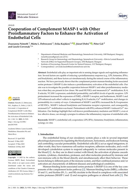 Pdf Cooperation Of Complement Masp 1 With Other Proinflammatory Factors To Enhance The