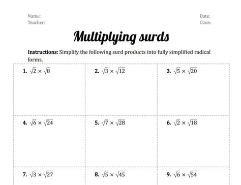 Number Multiplying Surds Irrational Numbers Worksheet Editable