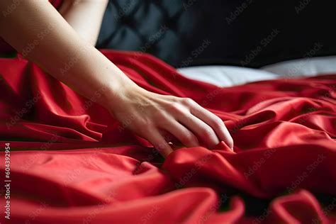 Female Hand On Soft White Bed Pulling Red Sheets On Bedroom Hotel Pleasure Erotic Ecstasy