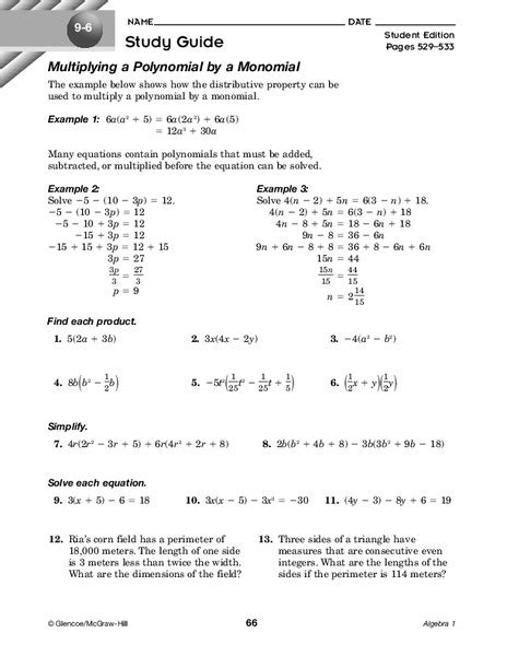 Multiplying A Polynomial By A Monomial Worksheet For 9th 11th Grade