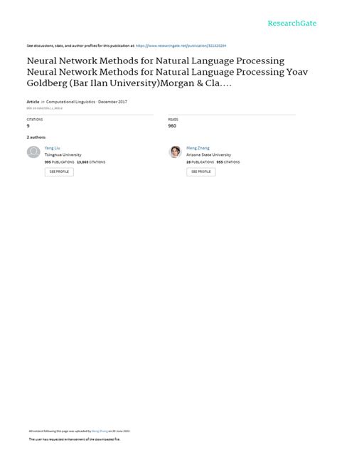Neural Network Methods For Natural Language Proces Pdf Artificial Neural Network Cybernetics