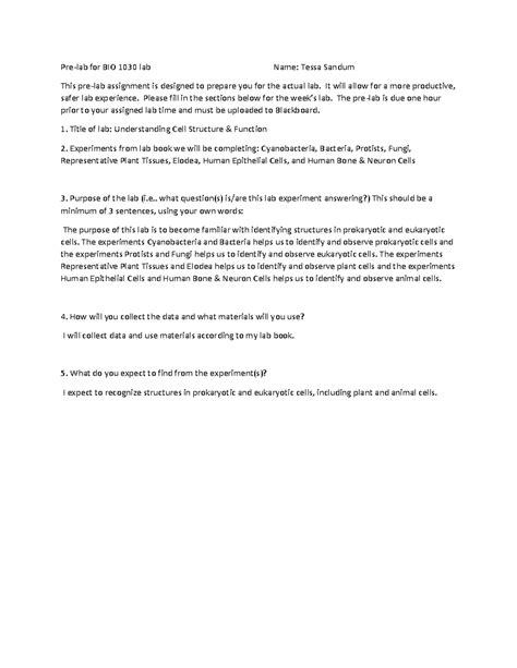 Understanding Cell Structure And Function Pre Lab For Bio 1030 Lab