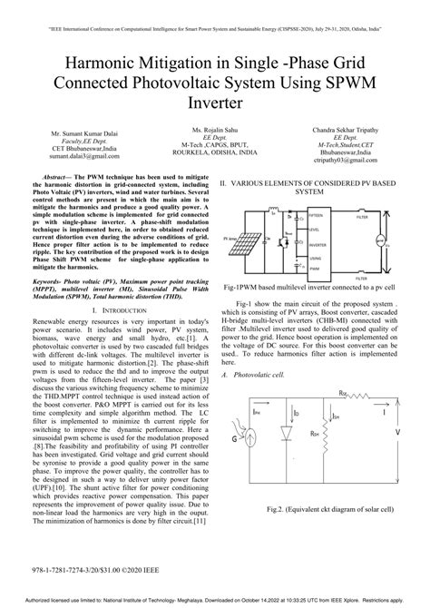 PDF Harmonic Mitigation In Single Phase Grid Connected Photovoltaic System Using SPWM Inverter