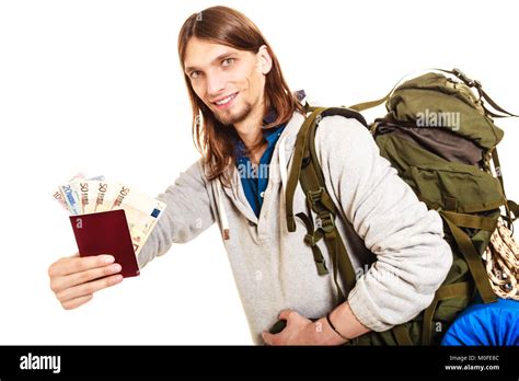 Man Tourist Backpacker Holding Passport Full Of Money Young Guy Hiker