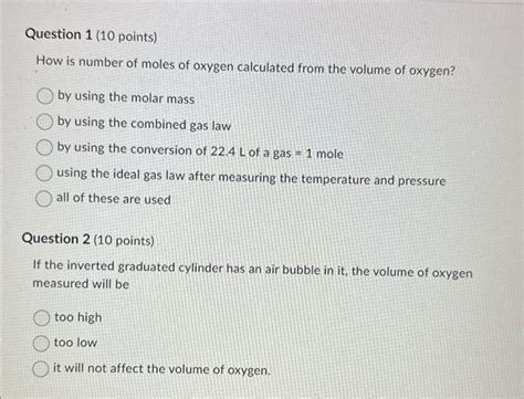 Solved How Is Number Of Moles Of Oxygen Calculated From The Chegg Com