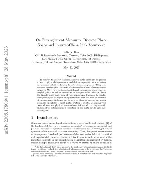 Pdf On Entanglement Measures Discrete Phase Space And Inverter Chain