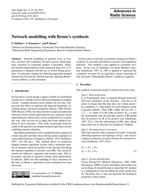 Pdf Network Modelling With Brunes Synthesis