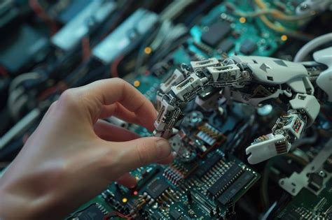 CloseUp Of Robotic And Human Hands Assembling Intricate Circuits Premium AI Generated Image
