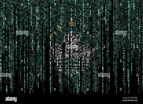 flag of macau on a computer binary codes falling from the top and