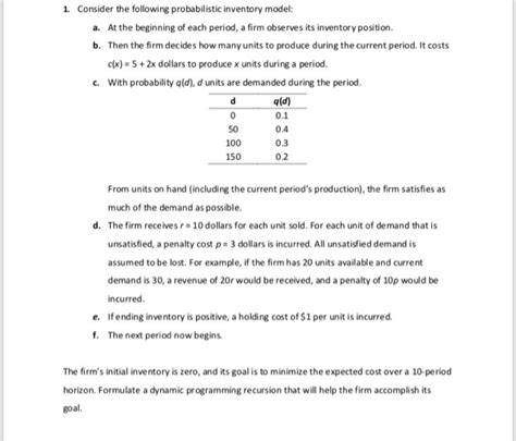 Solved Consider The Following Probabilistic Inventory Chegg