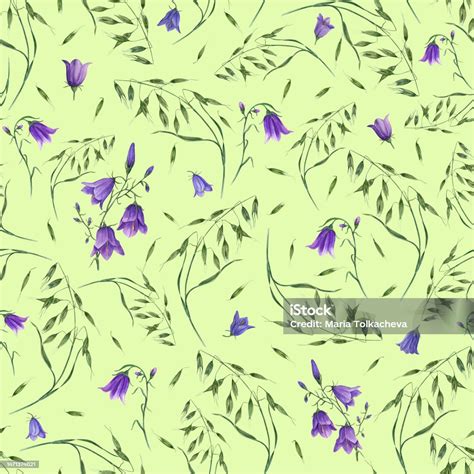초롱꽃의 수채화 매끄러운 패턴 녹색 배경에 격리된 야생 귀리 엽서 포스터 스크랩북 초대장 배경 인쇄물 벽지 직물 섬유 포장용 0명에 대한 스톡 벡터 아트 및 기타 이미지