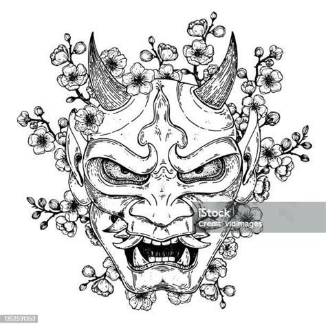 벚꽃과 한야 마스크 손으로 그린 벡터 일러스트레이션 일본의 전통 악마 문신 인쇄 티셔츠 프린트 패브릭 및 기타 용도에 대한 손으로 그린 스케치 일러스트레이션 뿔 달린에 대한