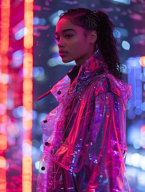 Premium Photo Tall Androgynous Hacker Model With Led Embedded Trench