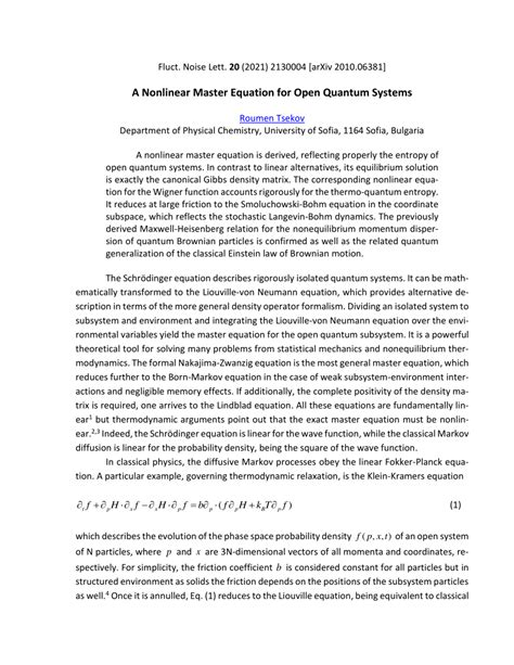 Pdf A Nonlinear Master Equation For Open Quantum Systems