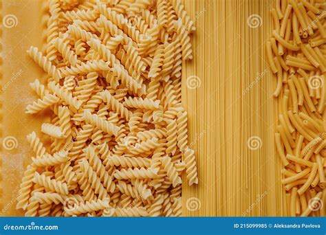 Different Shapes And Types Of Raw Pasta Curly Macaroni Vermicelli Spaghetti Spaghettini