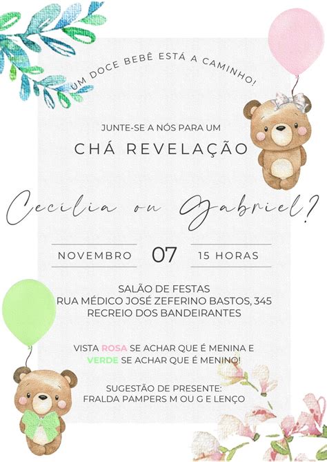 Convite digital chá revelação ursinho verde e rosa Elo7