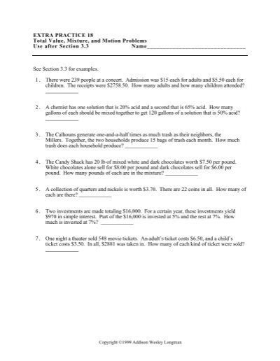 Extra Practice 18 Total Value Mixture And Motion Problems