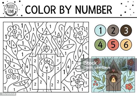 조류 집에서 병아리와 숫자 활동에 의해 벡터 봄 색상 부활절 휴일 착색 및 귀여운 새와 함께 게임을 계산 둥지 상자 잎 꽃과 아이들을위한 재미있는 착색 페이지 숫자에 대한