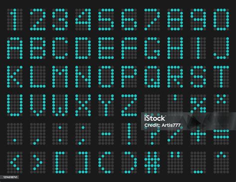 블루 그린 Led 디지털 보드 글꼴입니다 전자 번호 디지털 디스플레이 대문자 숫자 및 기호 공항 일람표 스타일 서체 벡터 그림입니다 테크놀로지에 대한 스톡 벡터 아트 및