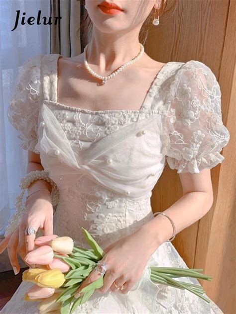 Jielur 우아한 프랑스 스타일 짧은 소매 미디 드레스 여성용 꽃 디자인 달콤한 빈티지 이브닝 파티 드레스 여름 Aliexpress