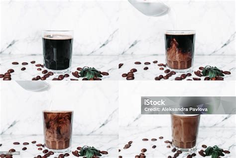 지침 단계대리석 코팅과 흩어진 커피 콩의 배경에 대해 아름답게 우유와 커피를 혼합하는 방법 Diy에 대한 스톡 사진 및 기타 이미지 Diy 냉동된 다중 노출 Istock