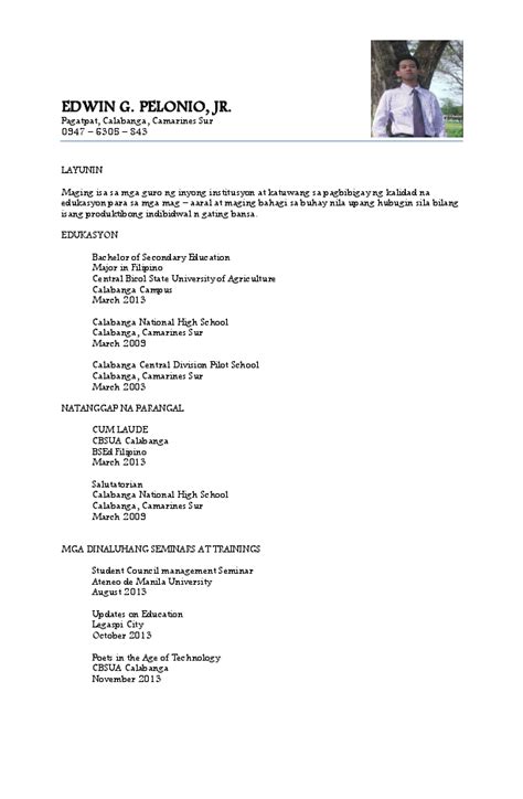 Resume Sample In Tagalog