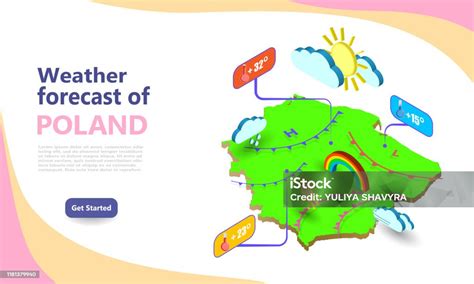 폴란드의 일기 예보지도 국가에 아이소메트릭 세트 아이콘 위치 벡터 위젯 기상 응용 프로그램의 레이아웃입니다 웹 그래픽 인포그래픽